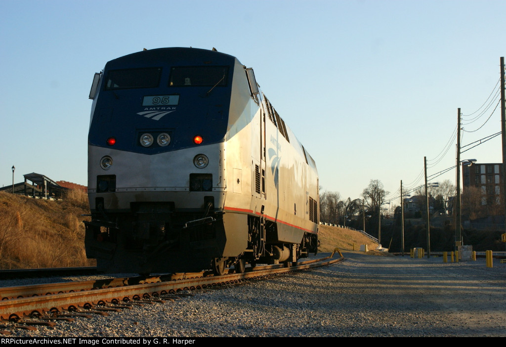 Somewhat worm's eye view of Amtrak 95 in the yard at Kemper St